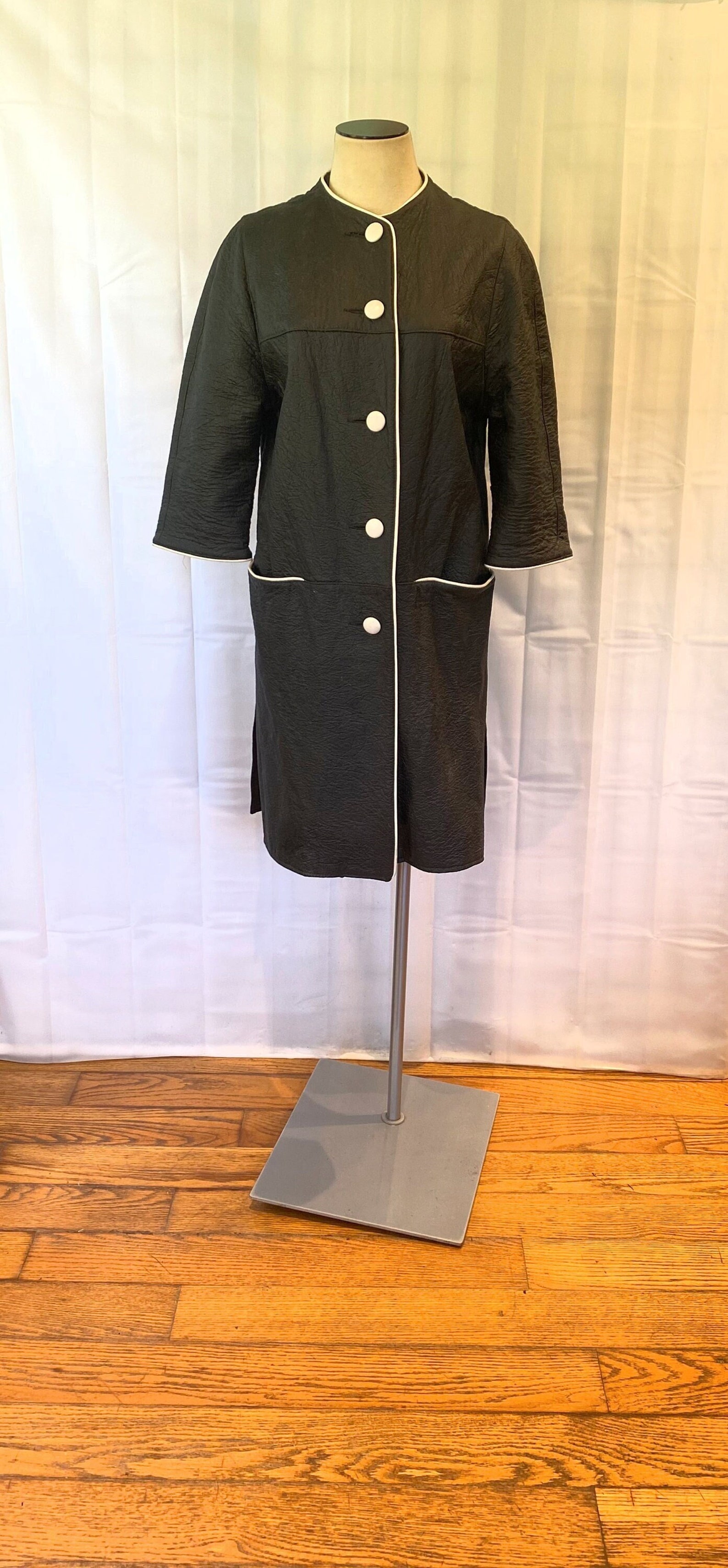 Vintage Mod Vinyl Trench Coat 1960s 1970s Black Faux Leather and Ivory ...