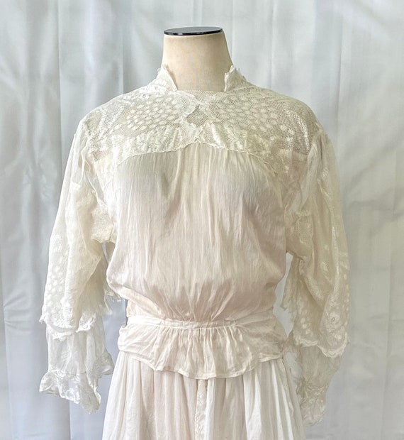 Antique Edwardian Blouse White Cotton Lace Mesh Netti… - Gem