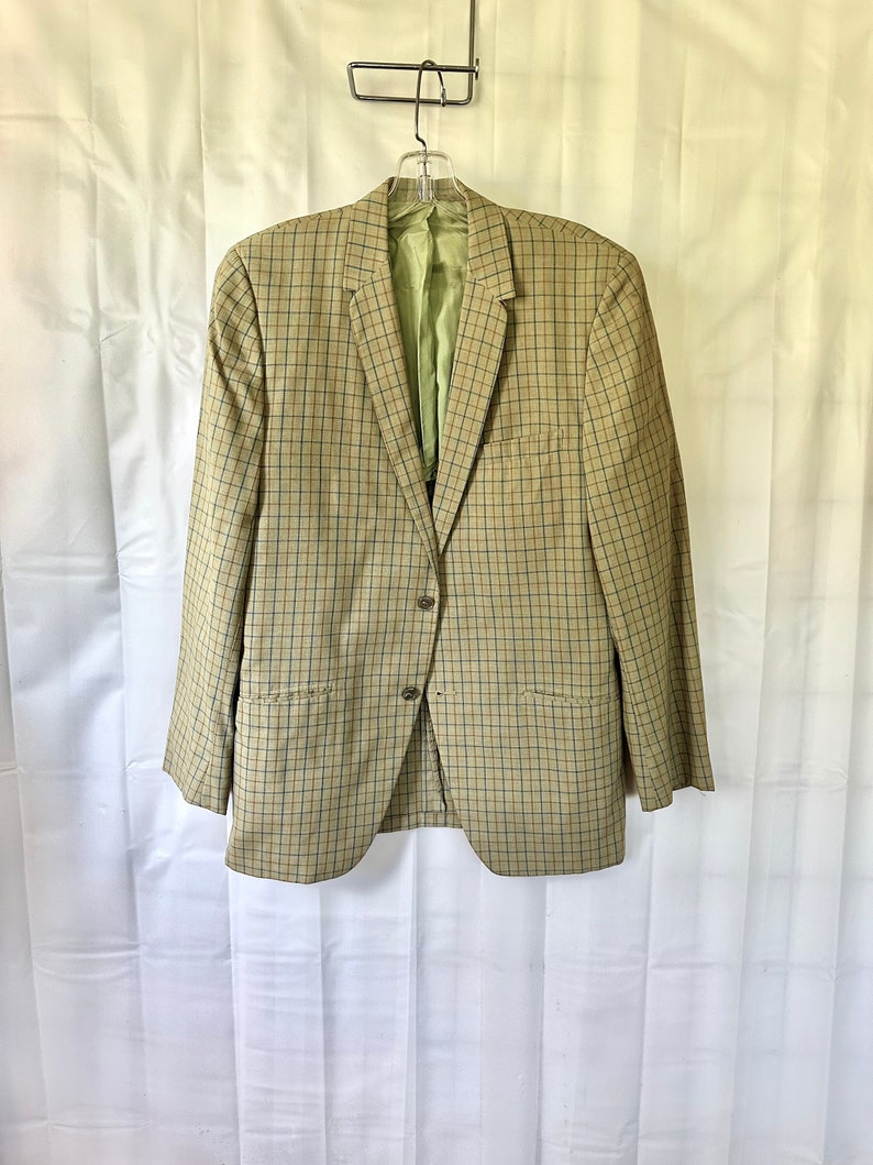 Vintage 1950s 1960s Sport Coat Gun Check Jacket Pale Olive Green Blue ...