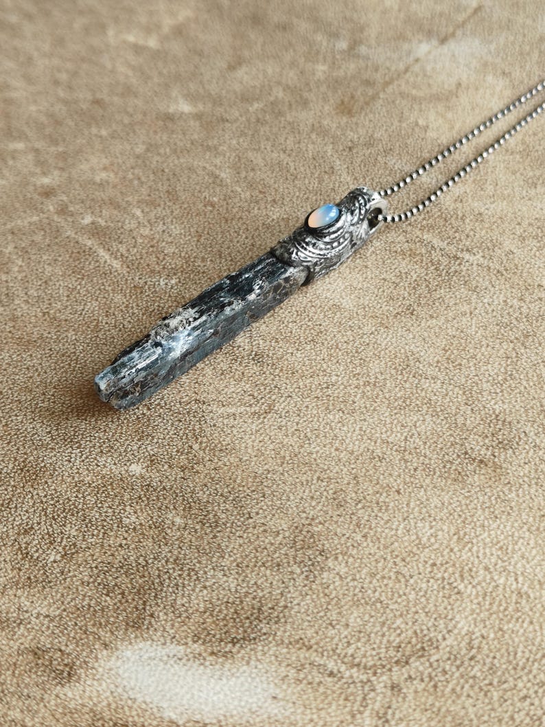 Black Kyanite & Opal Sterling Silver Pendant Necklace, Reiki Jewelry ...