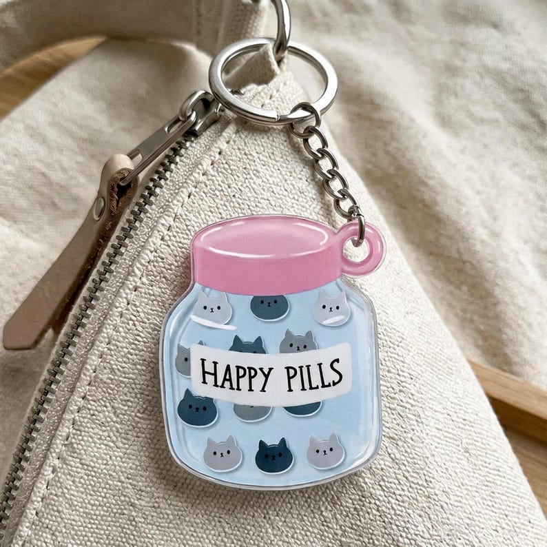 Happy Pills Cat Shaker Keychain, Kawaii Purse Charm, Cat Lover Gift ...