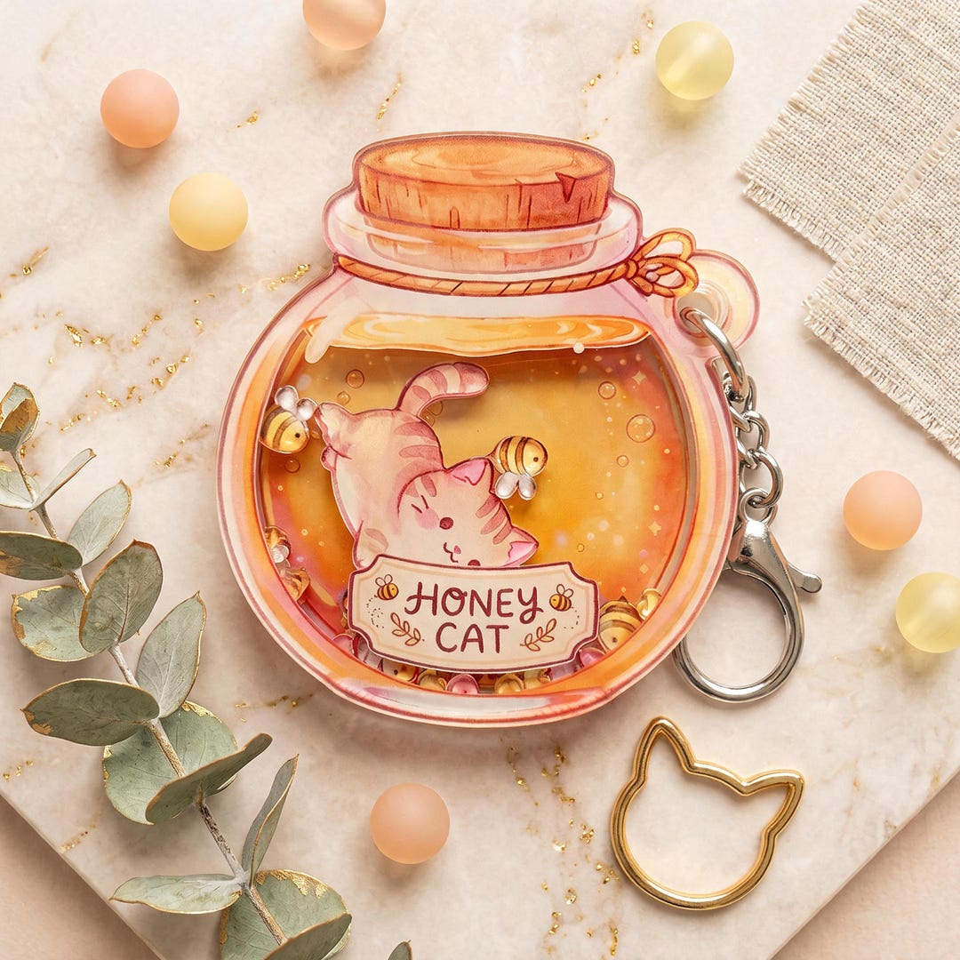 Honey Cat Shaker Keychain, Kawaii Kitty & Bees Bag Keyring for Keys or ...