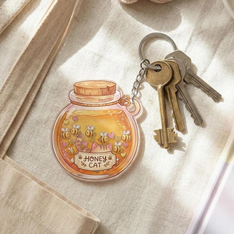 Honey Cat Shaker Keychain, Kawaii Kitty & Bees Bag Keyring for Keys or ...