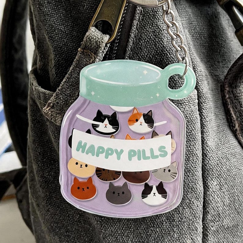 Happy Pills Cat Shaker Keychain, Kawaii Purse Charm, Cat Lover Gift ...