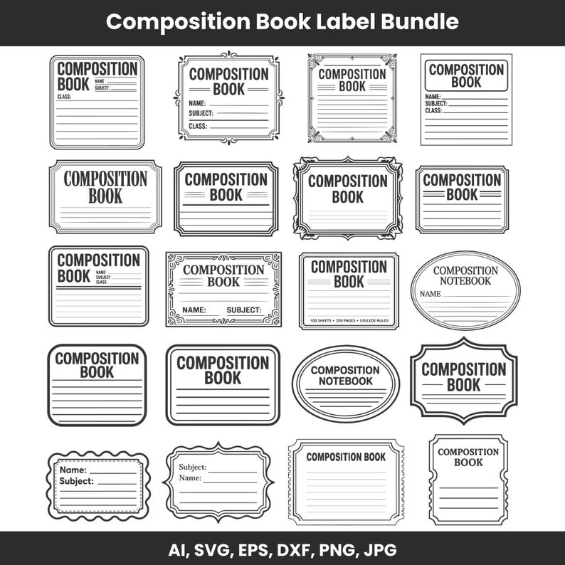 Composition Book Label SVG Bundle Printable Notebook Name Tags for ...
