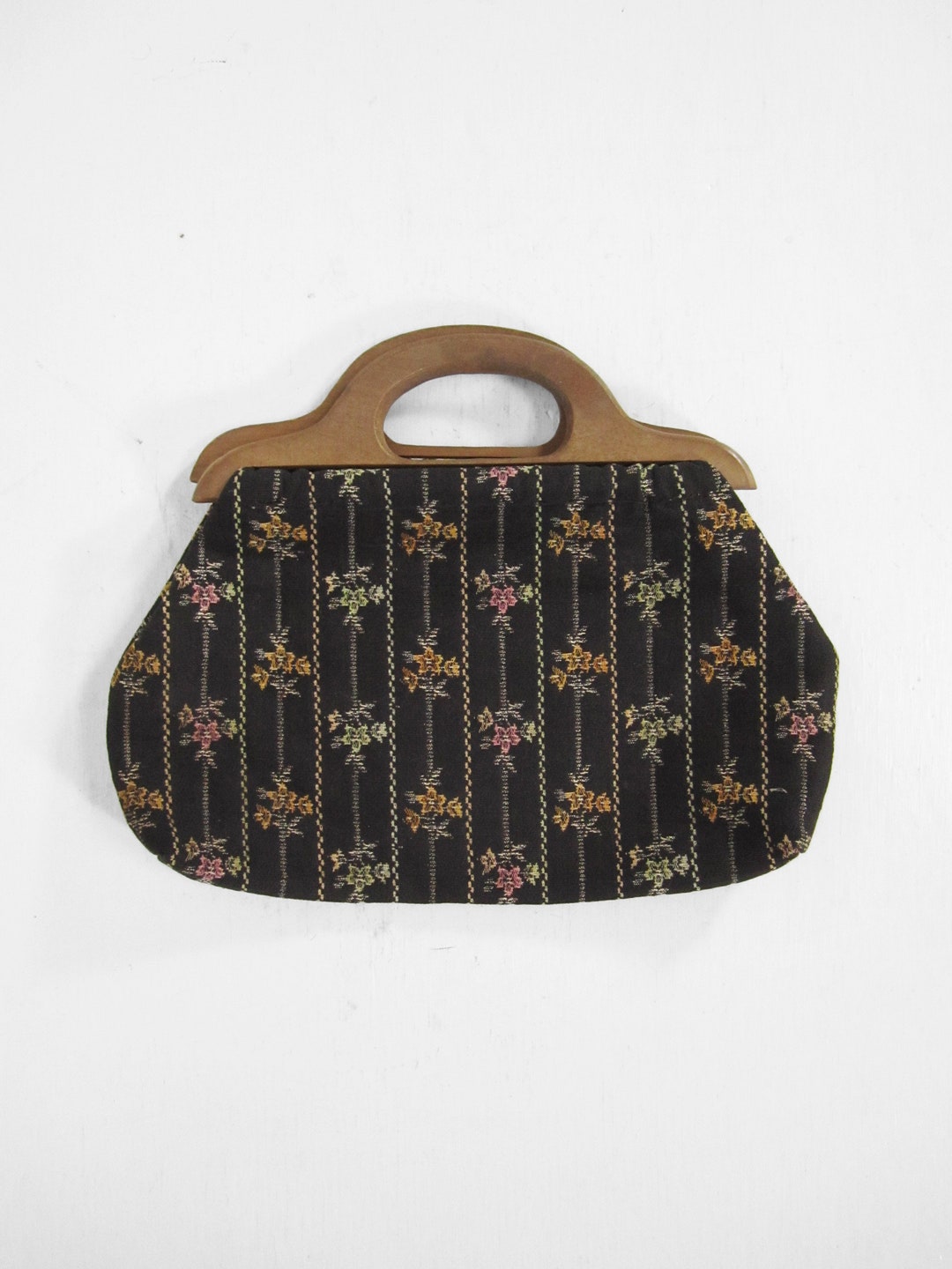 Vintage 40s Black Purse Wood Handle Tapestry Bermuda Bag - Etsy