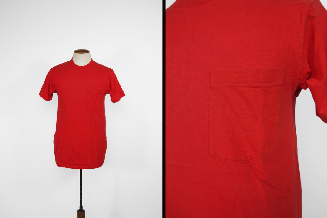 Vintage Red Pocket T-shirt Fruit of the Loom 90s Cotton Tee Made in USA ...
