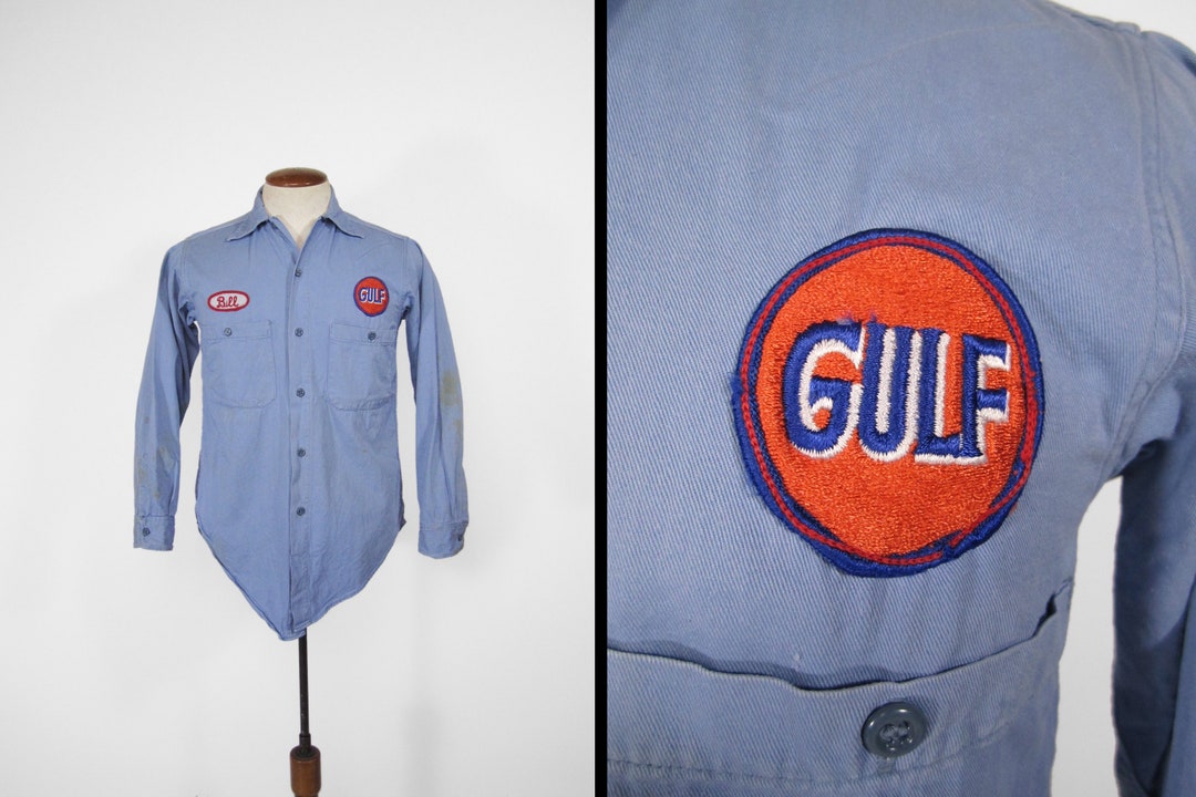 Vintage Gulf Mechanic Shirt Service Station Blue Twill Uniform Size ...