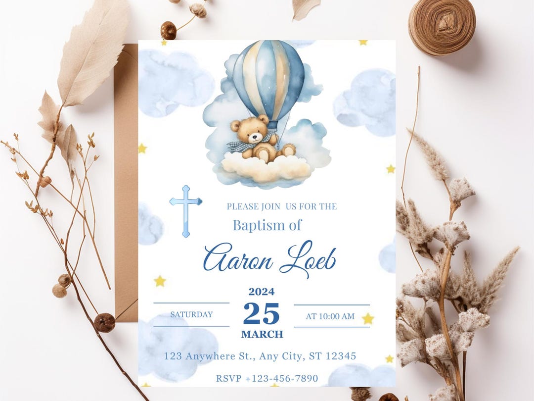 Editable Blue Teddy Bear Christening Baptism Invitation: Hot Air ...
