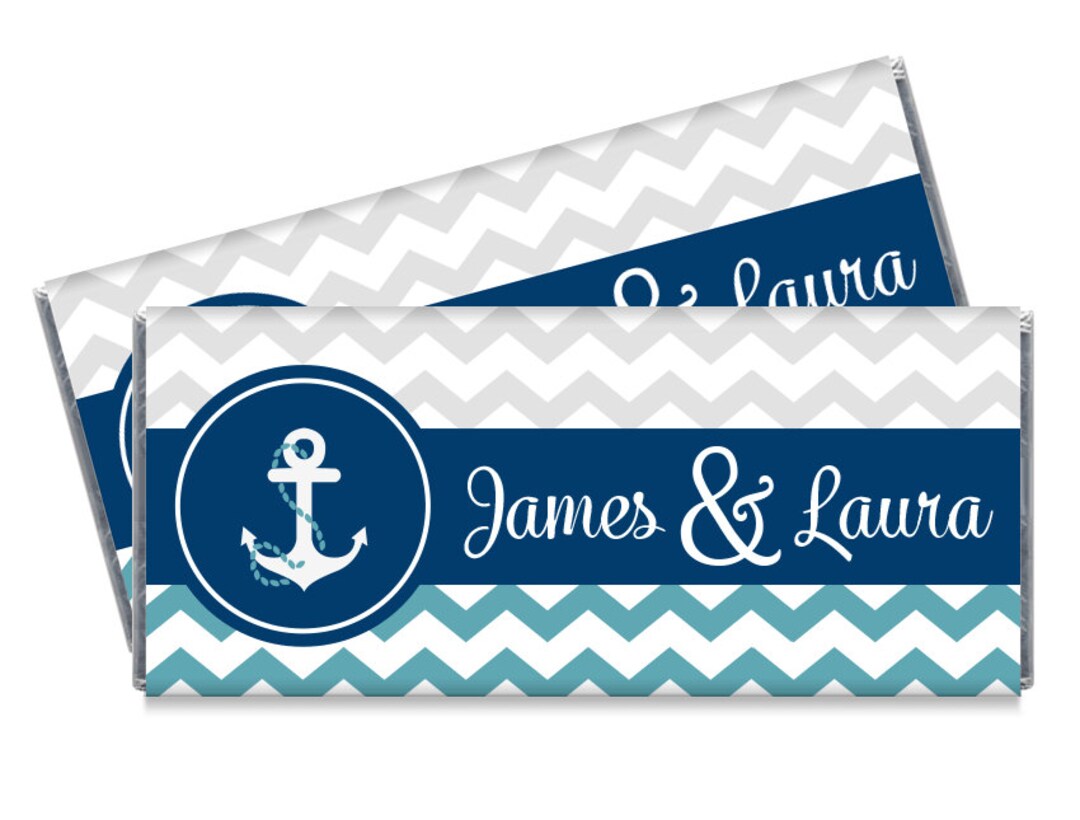 Set of 12 Navy Blue and Green Chevron Nautical Wedding Candy Bar ...