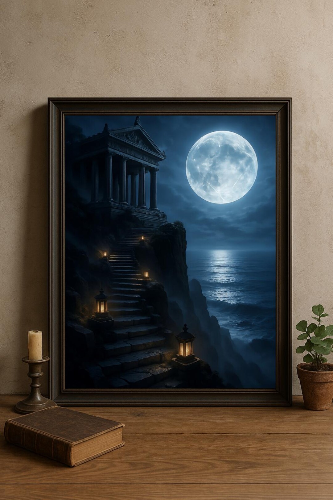 Moonlit Cliff Temple Wall Art | Glowing Ocean Night Landscape ...