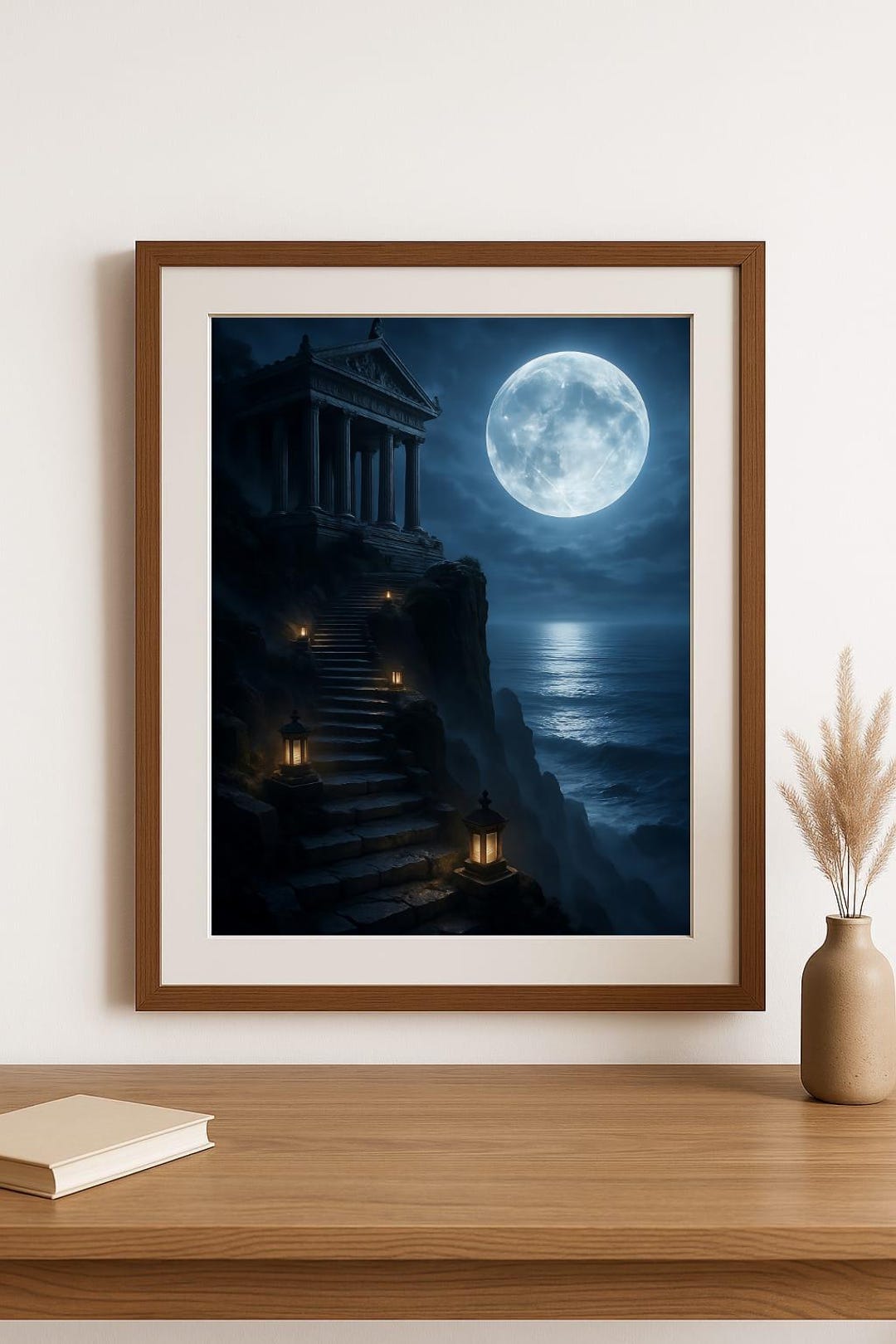 Moonlit Temple Cliff Art Print | Ocean Night Landscape (digital ...