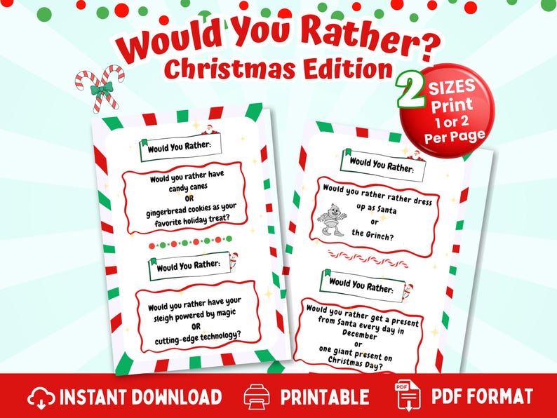 Would You Rather Christmas for Kids | Printable Party Game | Santa ...