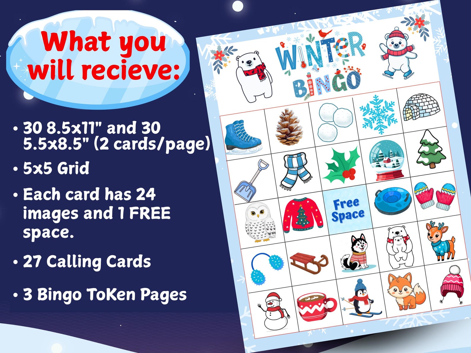 Winter Bingo Game | 30 Printable Cards | Kids Bingo Activity | Snow Day ...