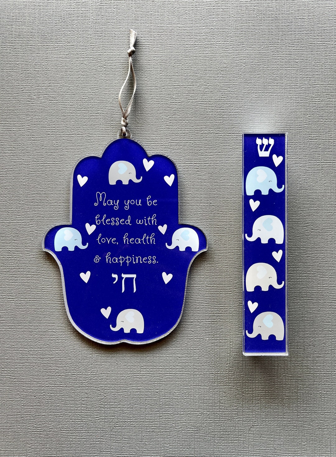 Hamsa and Mezuzah, Elephant Design, Jewish Gift for Baby Naming, Brit ...