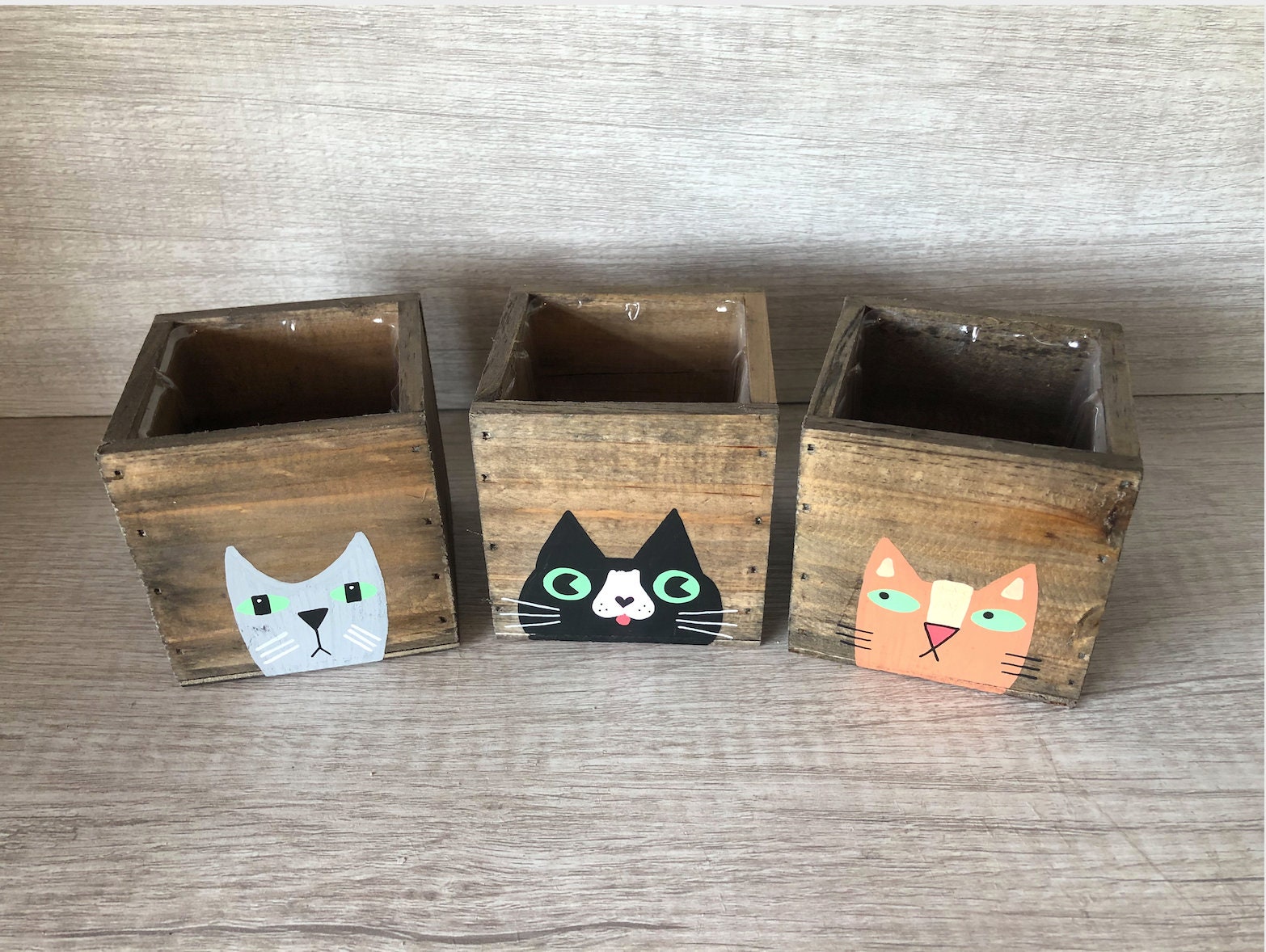 Set of 3 Small Wood Cat Planters, Succulent Garden Gift for Cat Lovers ...