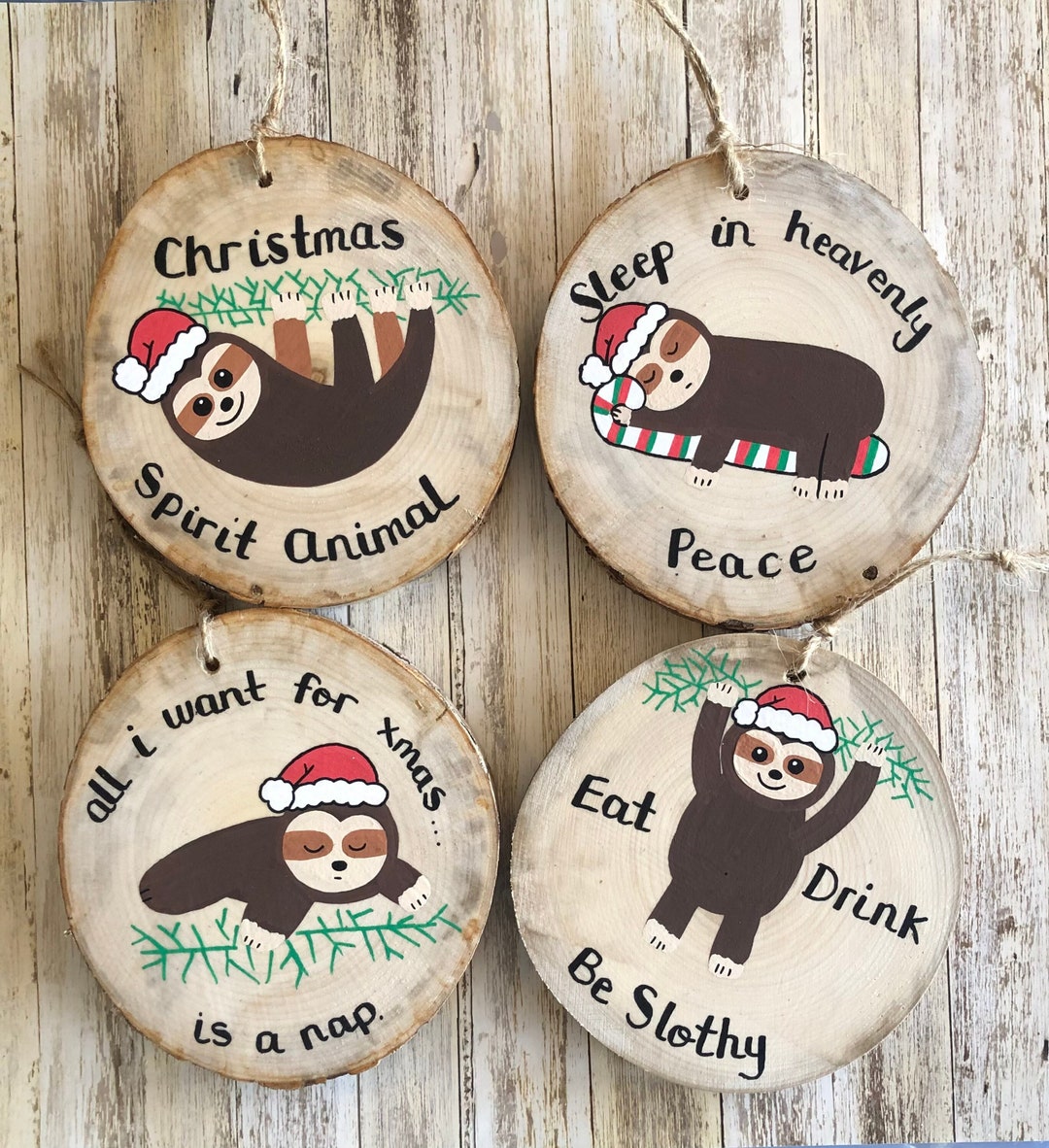 Sloth Christmas Ornaments Set: Rustic Wood Slice, Hand-painted (set of ...