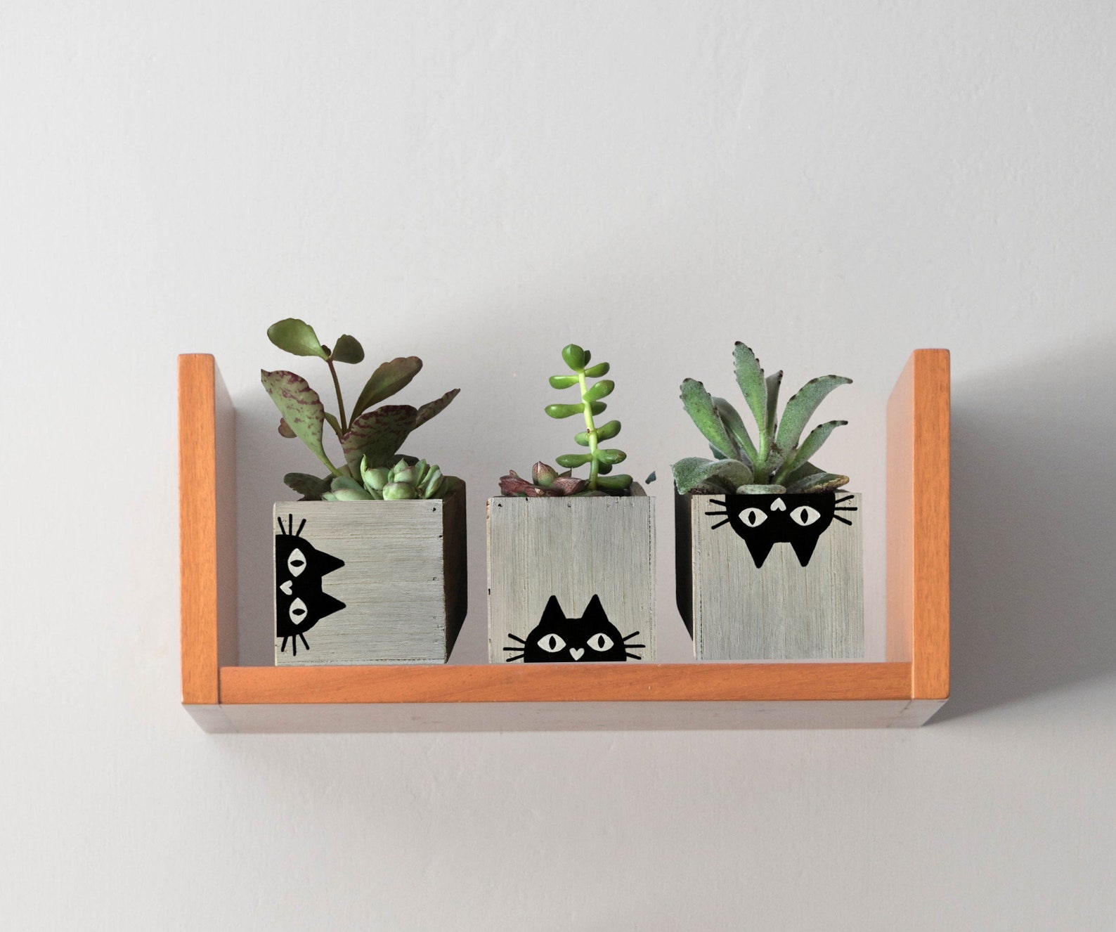 Set of 3 Small Wood Cat Planters Black Cat Black White Home - Etsy
