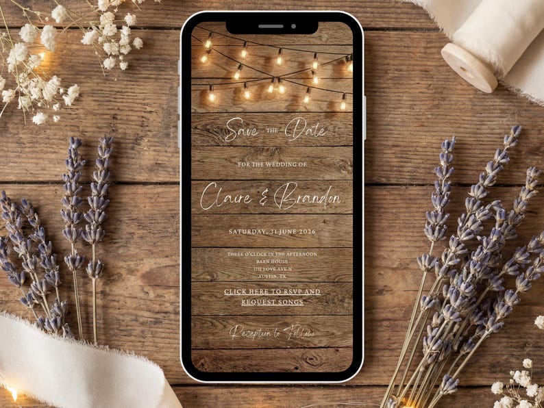 Rustic Barn Wedding Invitation Template | String Lights Wood Design ...