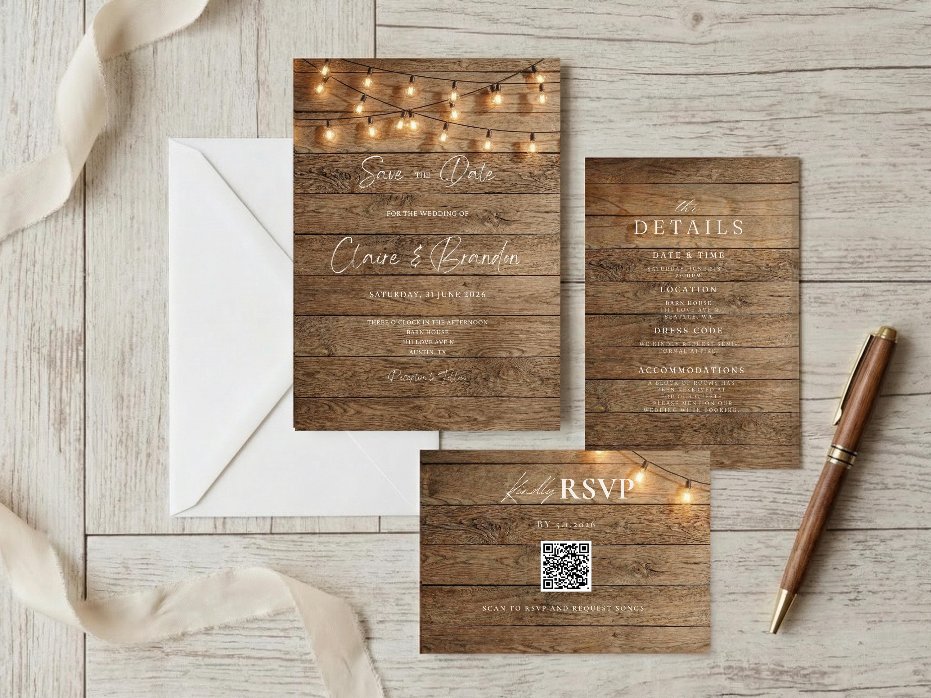 Rustic Barn Wedding Invitation Template | String Lights Wood Design ...