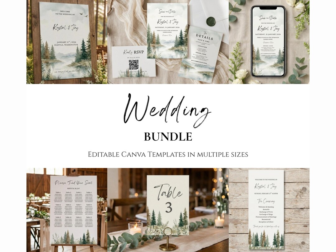 Nordic Forest Wedding Invitation Suite, Emerald Green Scandi Templates ...