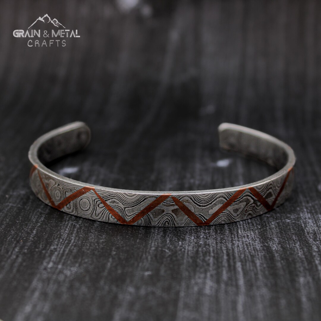 Hand Forged Damascus Steel Cuff Bracelet, Hammered Metal Wristlet ...
