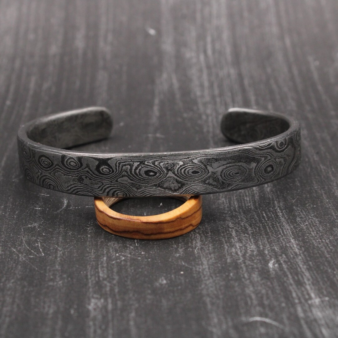 Hammered Damascus Steel Cuff Bracelet, Unique Hand Forged Viking Arm ...