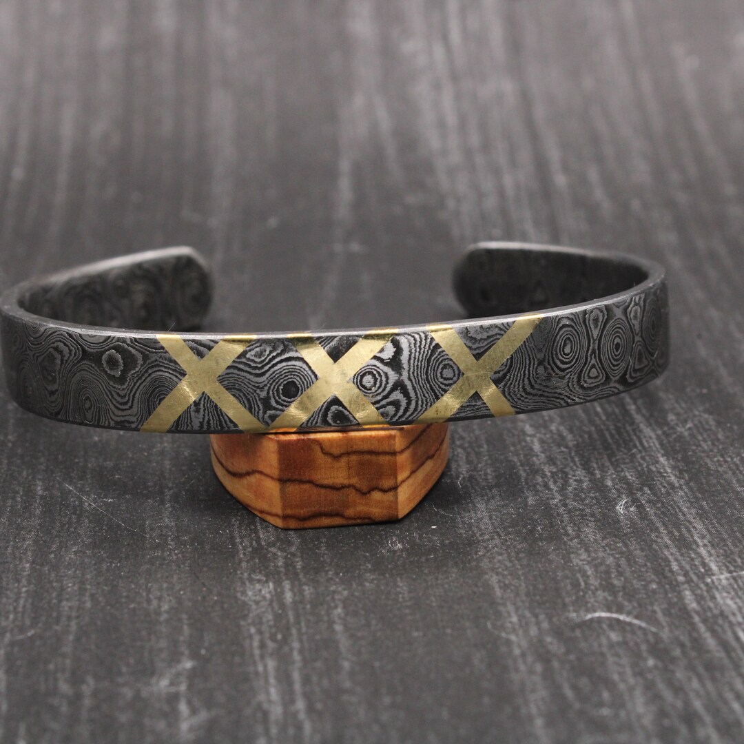 Hand Forged Damascus Steel Cuff Bracelet With Brass Inlay, Viking Arm ...