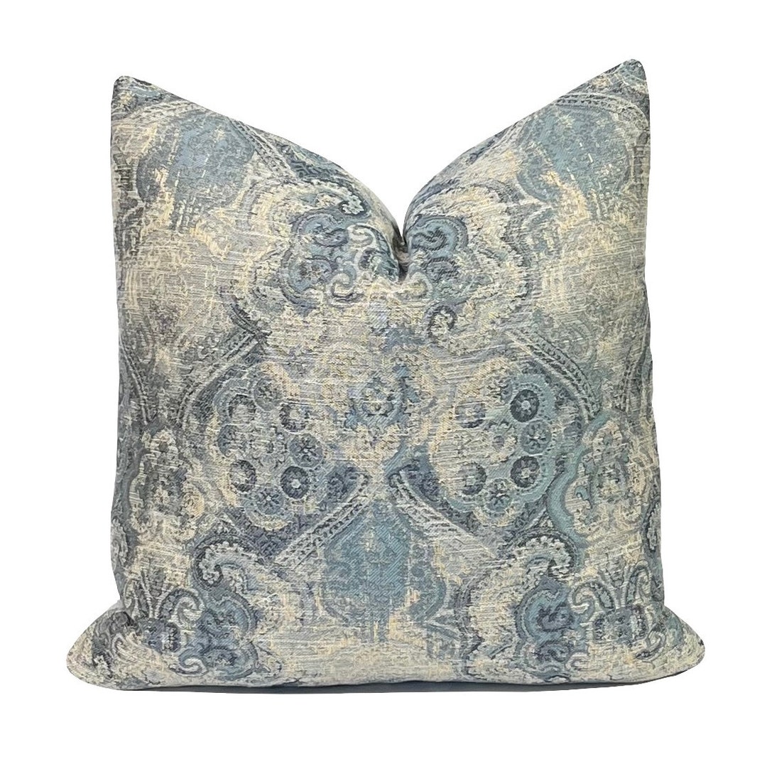 Caspian Blue Distressed Rustic Damask Paisley Pillow Cover Blue Grey ...