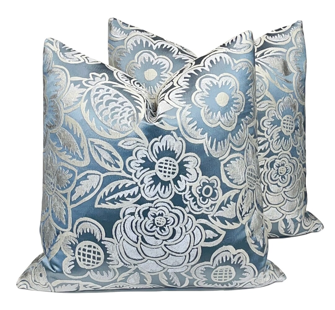 PAIR - Blue Ivory Myrtle Spa Botanical Floral Decorative Pillow Cover ...
