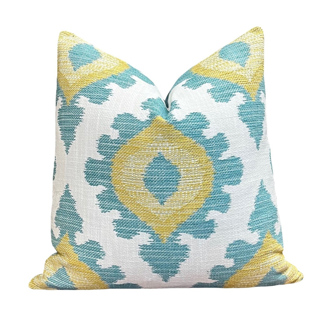 Turquoise Yellow Geometric Botanical Pillow Cover Azera Tropic Floral ...