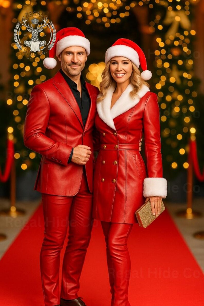 Matching Leather Christmas Outfits for Couples | Santa Style Suit ...