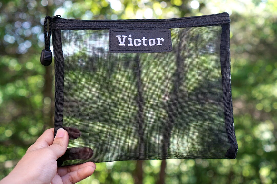Black Personalized Zipper Pull Pouch | Reusable Stiff Mesh Cosmetic ...