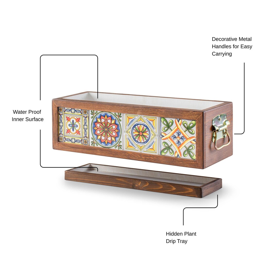 Wooden Planter Box With Four Mexican Tiles, Indoor & Outdoor Flower Box ...