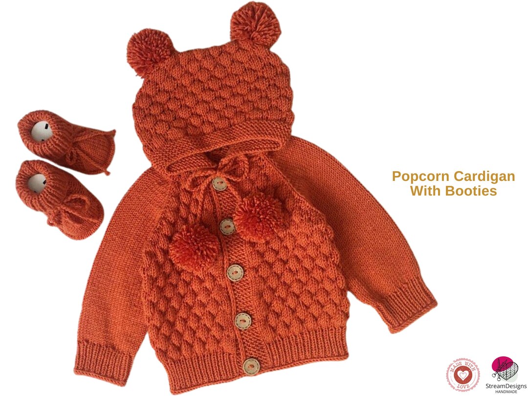 Popcorn Hooded Baby Cardigan + Two-needle Booties Knitting Pattern Set ...