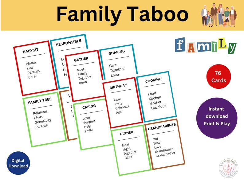 Family Taboo Game – 100 Printable Cards – Fun Word Guessing Game for ...