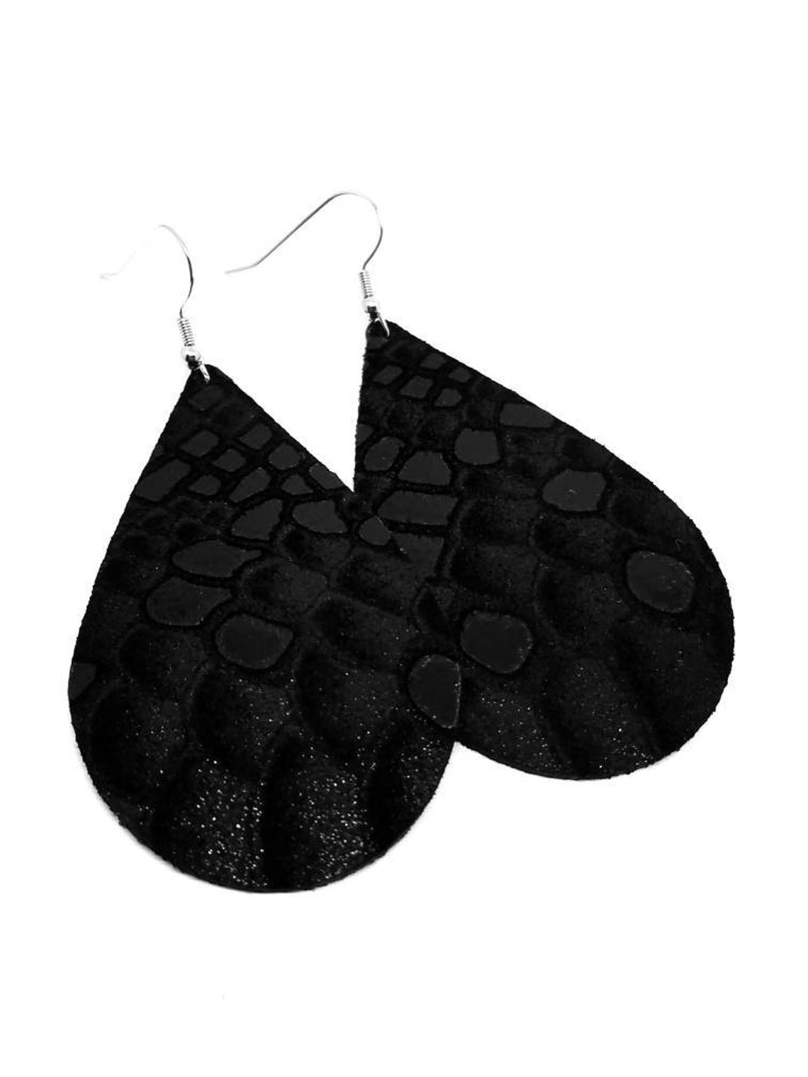 Leather Earrings Metallic Black Snake Handmade by Hammered - Etsy