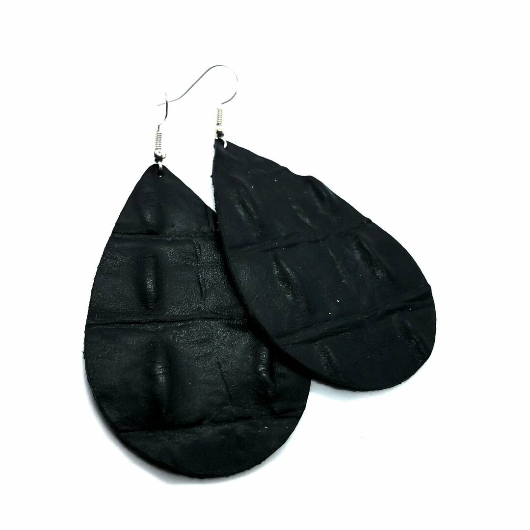 Leather Earrings Black Crocodile Croc Embossed Print Alligator Ready to ...