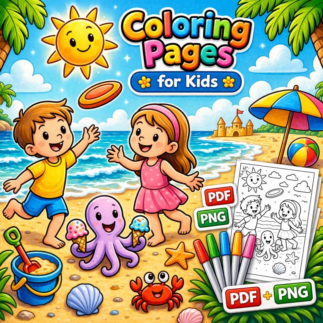 Beach Fun Coloring Pages for Kids, Summer Scenes, Printable PDF and PNG ...