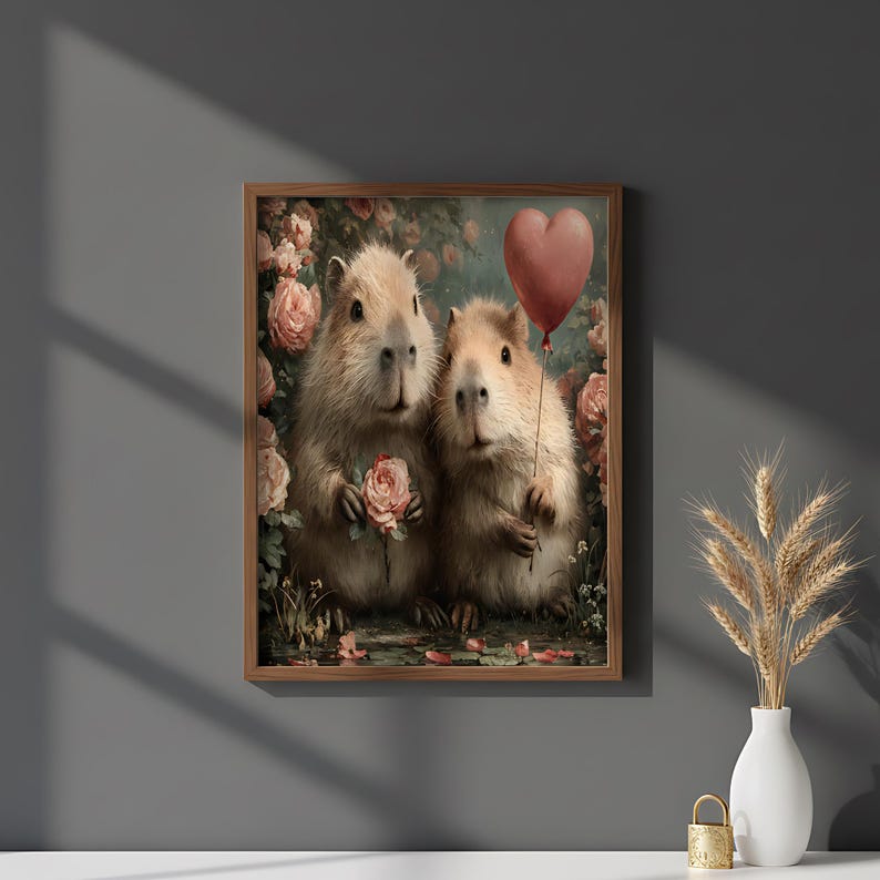 Capybara Couple Portrait | Rose Garden Valentine Print (digital ...