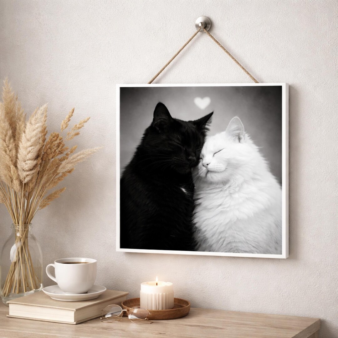Valentine’s Day Cat Wall Art Printable, Black & White Romantic Cat ...