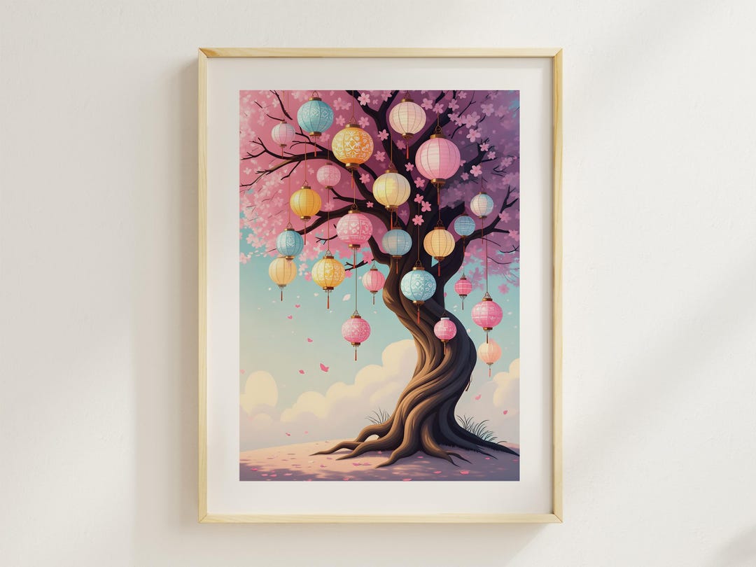Japanese Lantern Tree Wall Art - Cherry Blossom Art Print - Etsy
