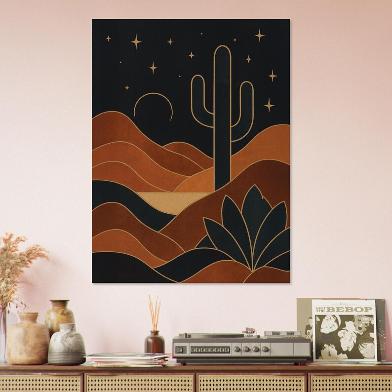 Desert Night Glow Wall Art Print - Cactus Starry Sky Abstract Poster - Etsy
