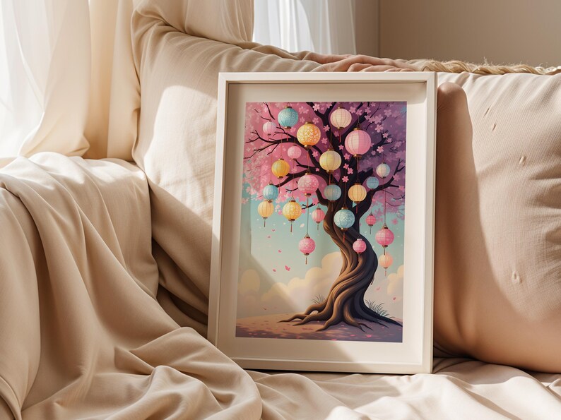 Japanese Lantern Tree Wall Art - Cherry Blossom Art Print - Etsy