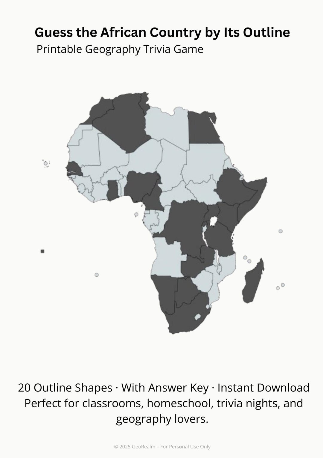 African Country Outline Quiz Printable • Guess the Country Geography ...