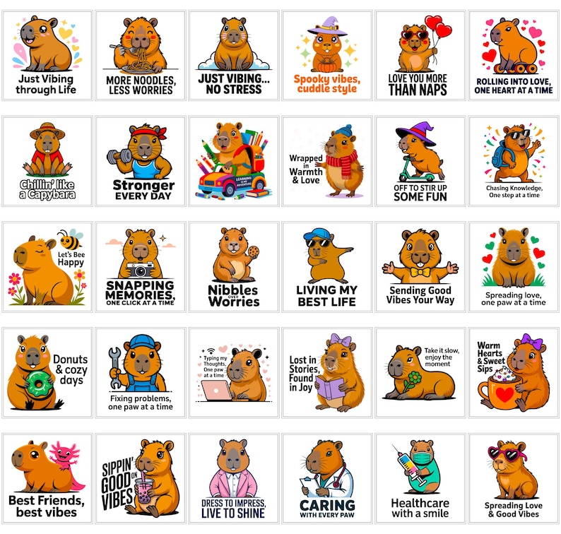 Kawaii Capybara PNG Bundle | Funny Animal Clipart for Cricut | Digital ...