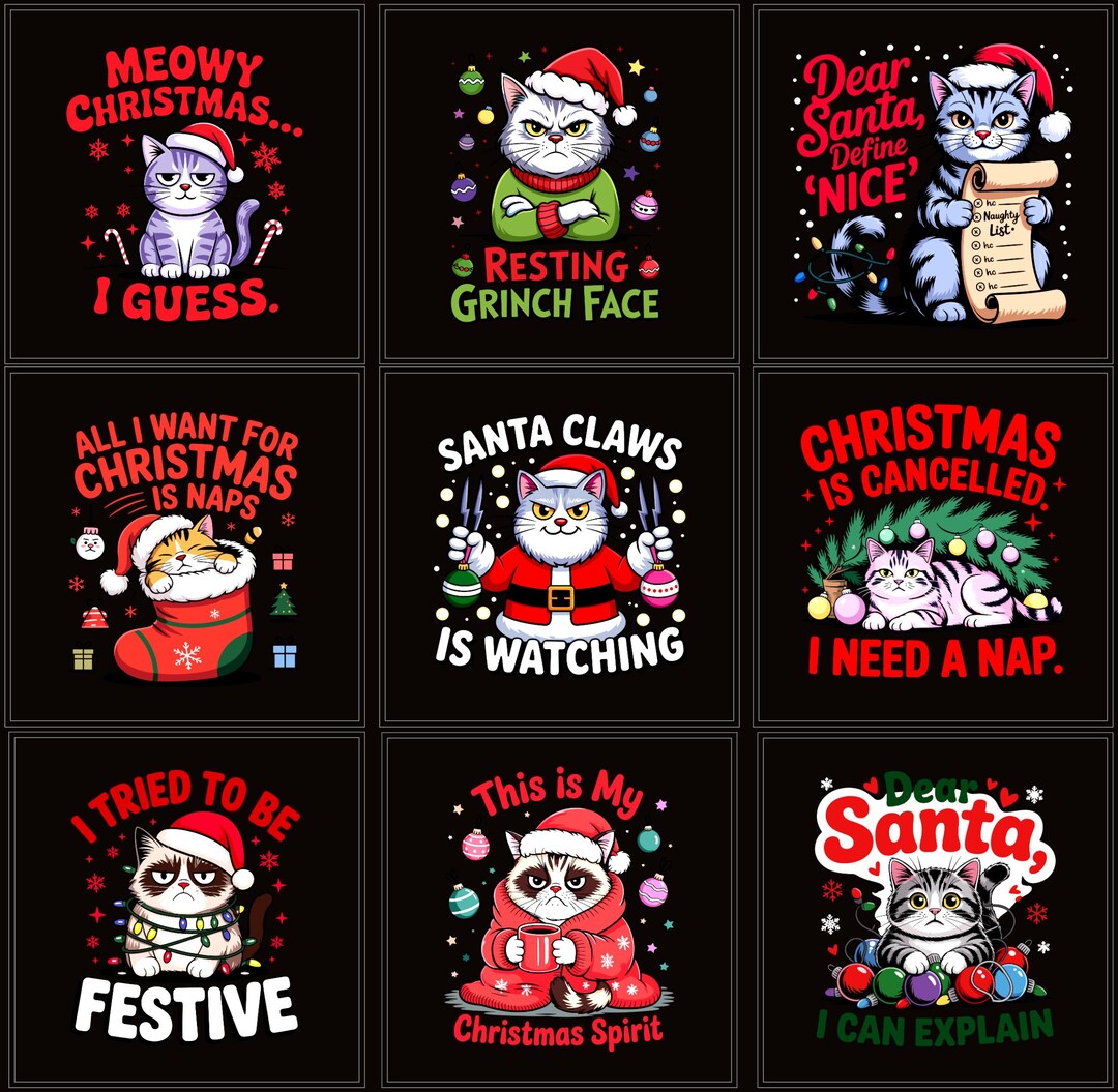 Sarcastic Cat PNG SVG Bundle | Funny Holiday Clipart | Meowy Christmas ...