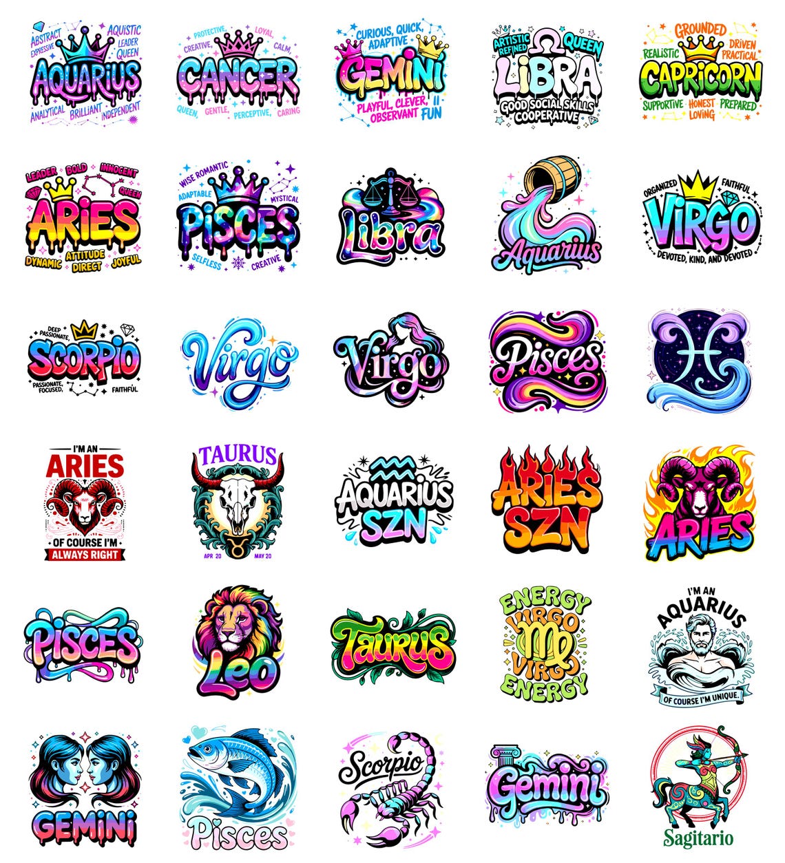 Zodiac Signs PNG Bundle | Astrology Clipart Set | 30+ Digital Files ...