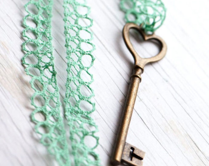 Mint Large Heart Skeleton Key . Mint Green . Lace Ribbon . - Etsy