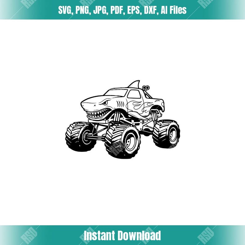 Shark Monster Truck SVG PNG, Kids Monster Truck Clipart, Cartoon Truck ...
